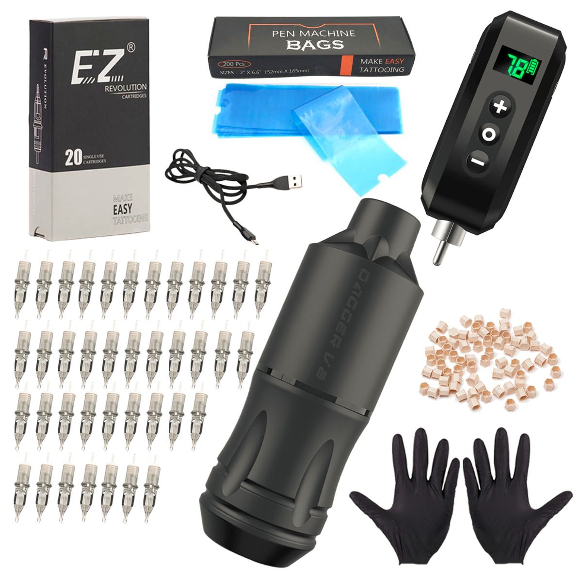 Dagger V2 Tattoo Pen Kit Complete Rotary Gun Machine Kit with Wireless ...